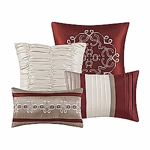Madison Park Essentials Jelena Room in A Bag Faux Silk Comforter Classic Luxe All Season Down Alternative Bedding, Matching Bedskirt, Curtains, Decorative Pillows, Queen(90"x90"), Red 24 Piece