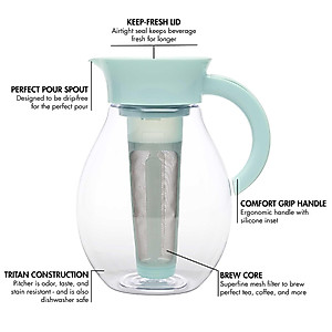 Primula The Big Iced Tea Maker and Infuser, Plastic Beverage Pitcher with Leak Proof, Airtight Lid, Fine Mesh Reusable Filter, Made without BPA, Dishwasher Safe, Aqua
