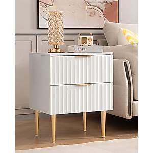 SICOTAS White Night Stand Set 2, Wide Fluted Nightstand with 2 Drawers, Modern Glossy Storage Bedside Table for Bedroom, End Side Table with Golden Metal Legs and Handles（2, White）