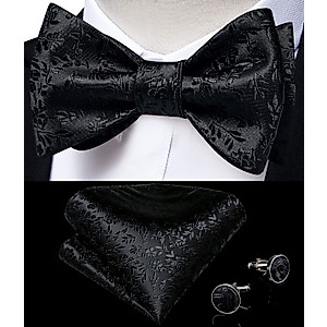 DiBanGu Black Bow Ties for Men Self Tie Bow Tie and Pocket Square Cuffllinks Set Formal Business Wedding