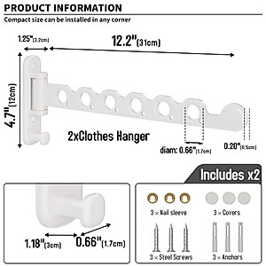 Wall Mounted Clothes Drying Rack for Laundry, Clothes Hanger Rack Wall Drying Rack Foldable Collapsible Coat Hanger Racks for Balcony, Bedroom and Laundry Room Organization, Aluminium White 2 Packs