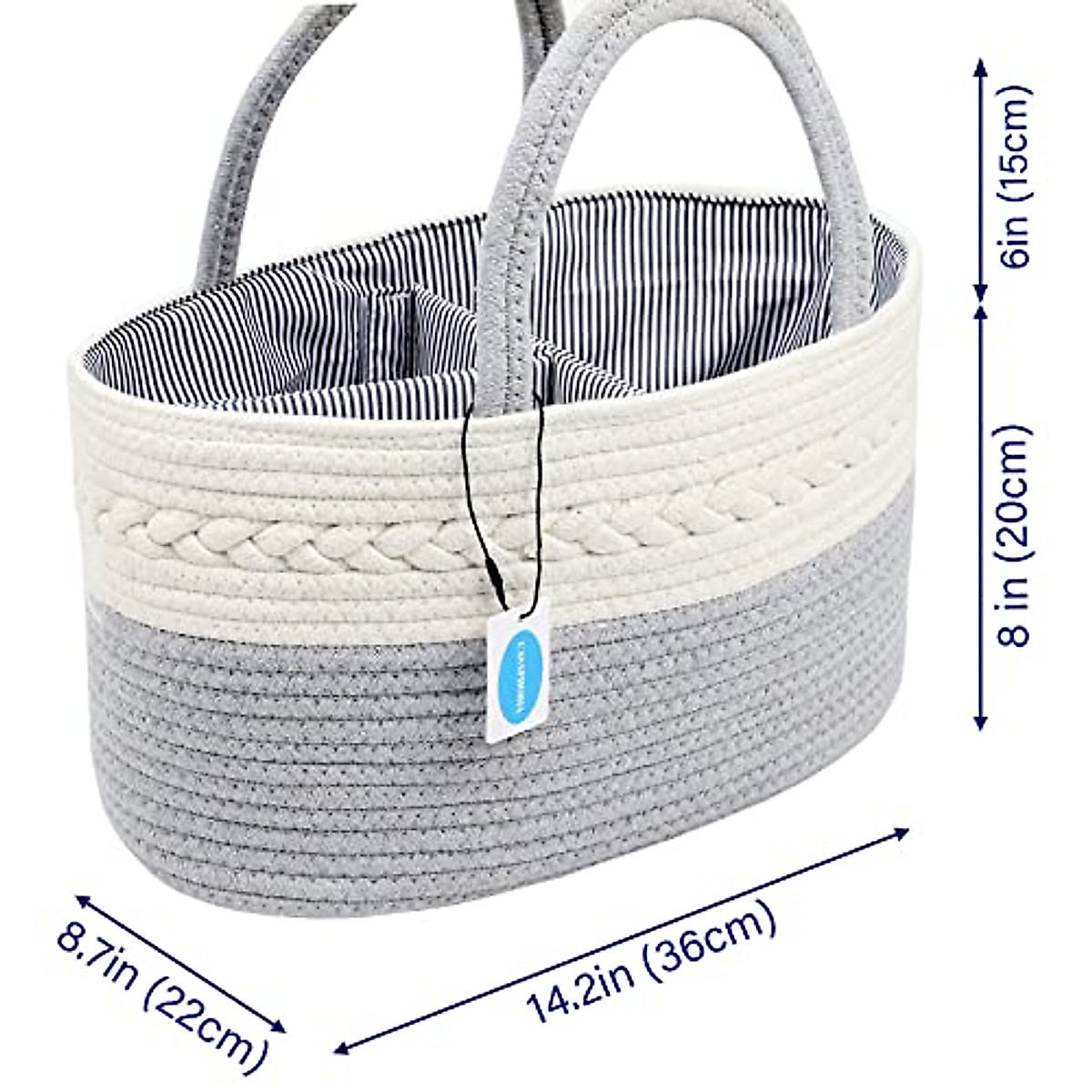 Casaphoria Diaper Caddy Organize,Cotton Rope Diaper Basket Caddy Baskets for Storage,100% Cotton Car Diaper Organizer with Removable Inserts,Cream and Gray (14.2''×8.7''×8'')