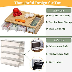 Bamboo Cutting Board with Trays/Drawers and Graters, Choping Board with Food Sliding Opening, 4 Dishwasher and Microwave Safe Storage Containers with Lids, Easy for Dishes Prep, Kitchen Space Saver