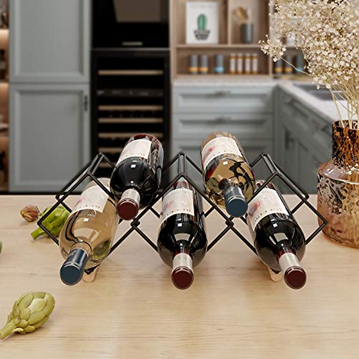 Mecor Countertop Wine Rack, 5 Bottle Tabletop Wine Holder Storage Stand with Stylish Design, Perfect for Home Decor, Bar, Wine Cellar, Basement, Cabinet, Pantry-Set of 1, Wood & Metal, Wood & Iron