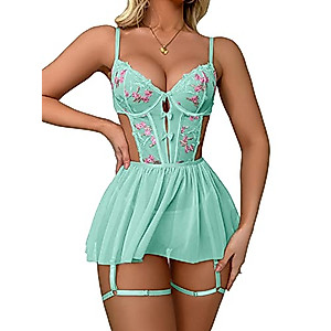 WDIRARA Women's Floral Embroidery Mesh Split Cut Out Babydoll Lingerie Slip Dress Light Green S