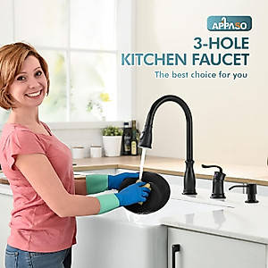 3 Hole Kitchen Faucet with Pull Down Sprayer, APPASO Kitchen Faucet with Soap Dispenser, 3 Pieces Kitchen Faucet with Separate Handle, Matte Black Kitchen Faucet 3 Hole, 218MB