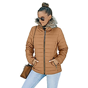 Vetinee Women Casual Faux Fur Lapel Zip Pockets Quilted Parka Jacket Puffer Coat Almond Brown X-Large (Fits US 16-US 18)