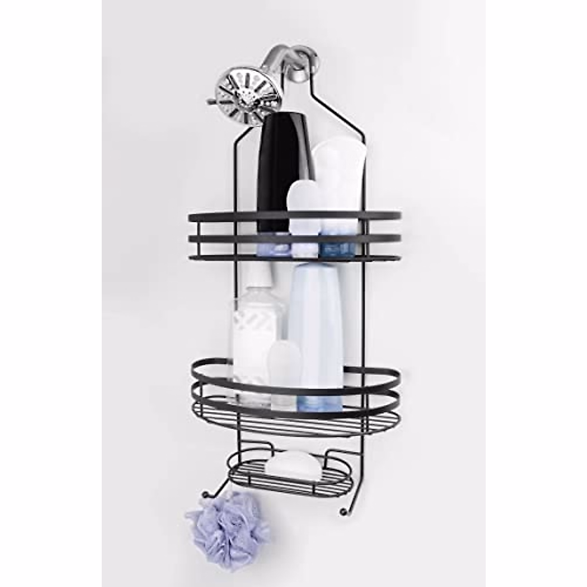 Brookstone, BKH1504, Rust-Free Caddy, No Drilling Required, Fits Over Most Standard Size Shower Head, Super Lightweight Bath Organizing Rack, Non-Slip Silicon Top Secures Placement, Black