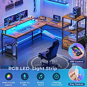 SEDETA Home Office Desk with File Drawer and Power Outlet, 51" Corner Computer Desk with Fabric Drawer and Storage Shelves, Corner Gaming Desk with LED Lights, Monitor Stand and Hooks, Rustic Brown