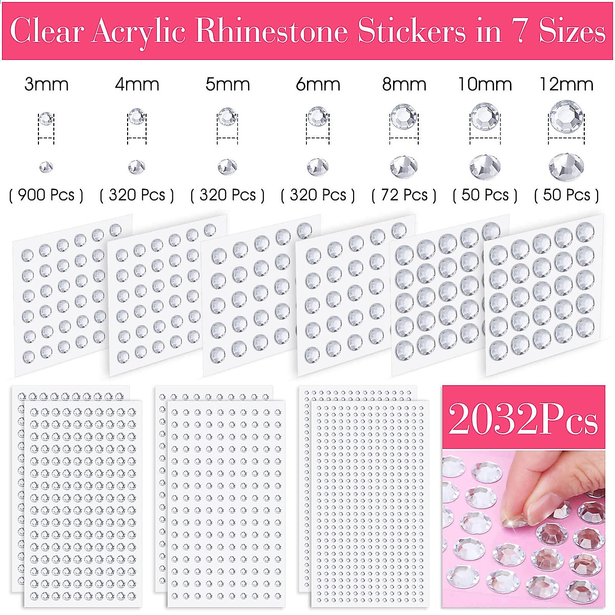 2032 Pieces Self Adhesive Face Gems Stick on, Cridoz Hair Gems Rhinestones Stickers Bling Jewels for Makeup, Crafts, Home Decor Scrapbooking Embellishments, 7 Sizes 3mm/4mm/5mm/6mm/8mm/10mm/12mm