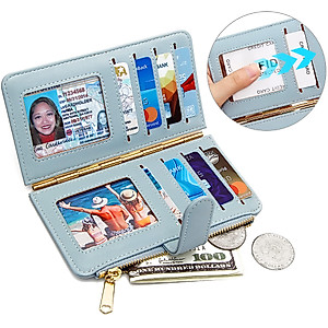 Badiya Credit Card Holder for Women RFID Blocking Slim Wallet Bifold Multi Card Case Zipper Pocket with 3 ID Window
