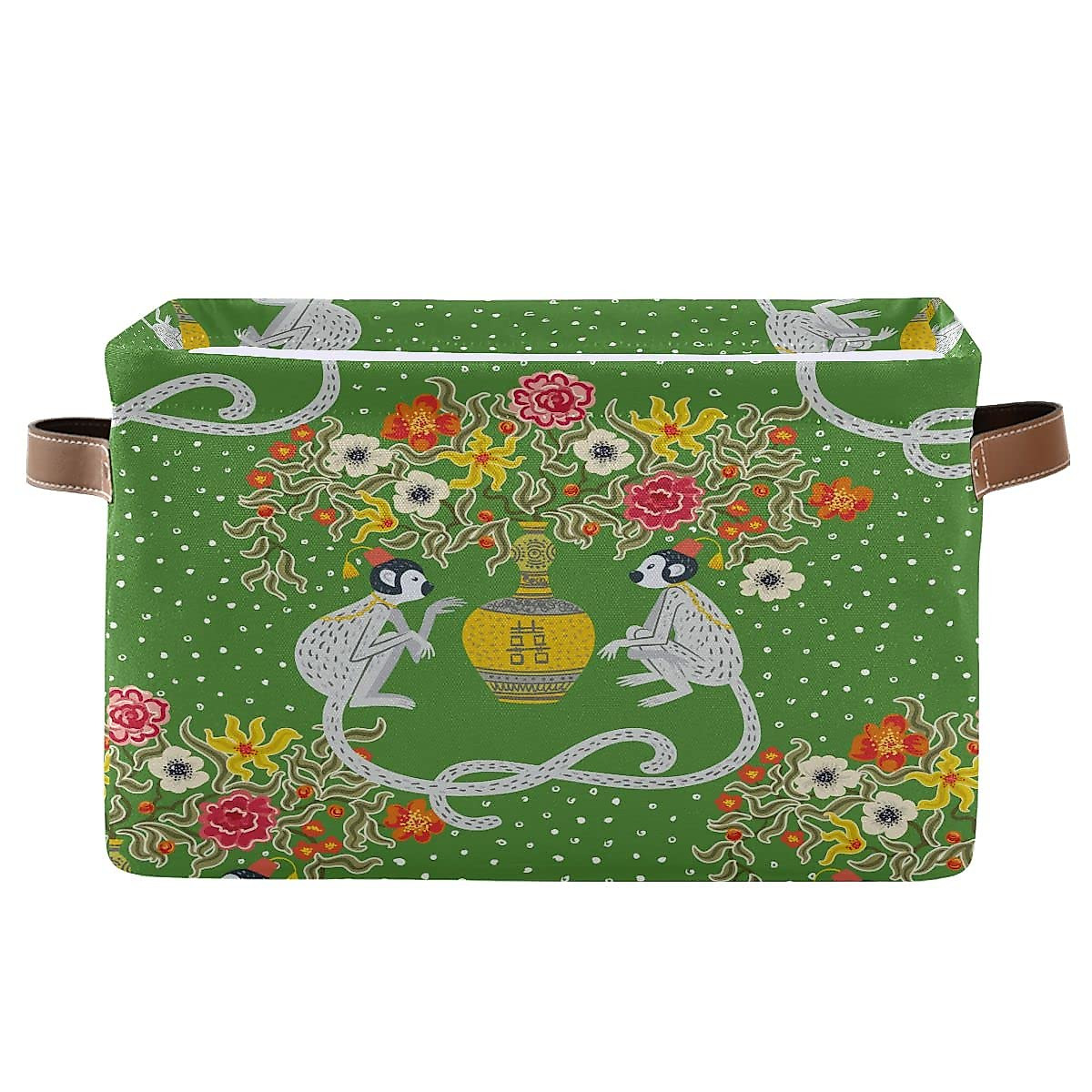 susiyo Large Foldable Storage Bin Tribal Elephants Storage Bins Collapsible Decorative Fabric Storage Baskets ,Green Chinoiserie Monkeys
