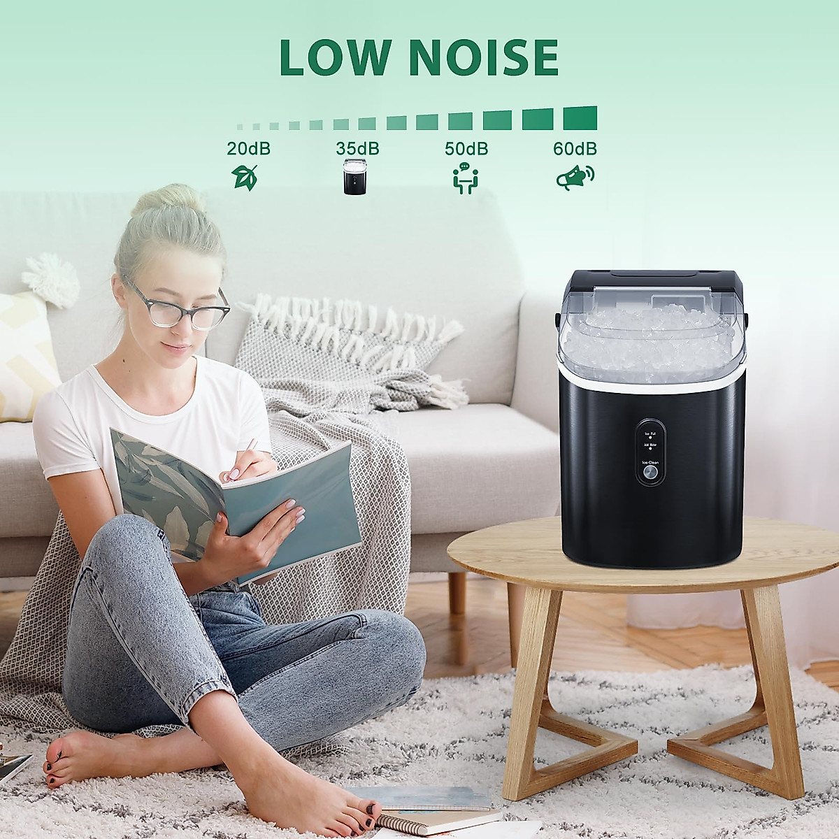 Xbeauty Nugget Ice Maker Countertop Up to 35lbs of Ice a Day with Self-Cleaning,Stainless Steel,Removable Ice Basket&Scoop