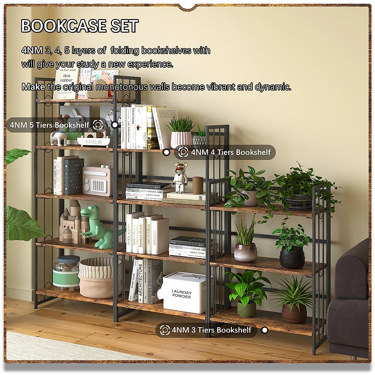 4NM No-Assembly 4 Tiers Folding Bookshelf Storage Shelves Vintage Bookcase Standing Racks Study Organizer Home Office - Rustic Brown and Black