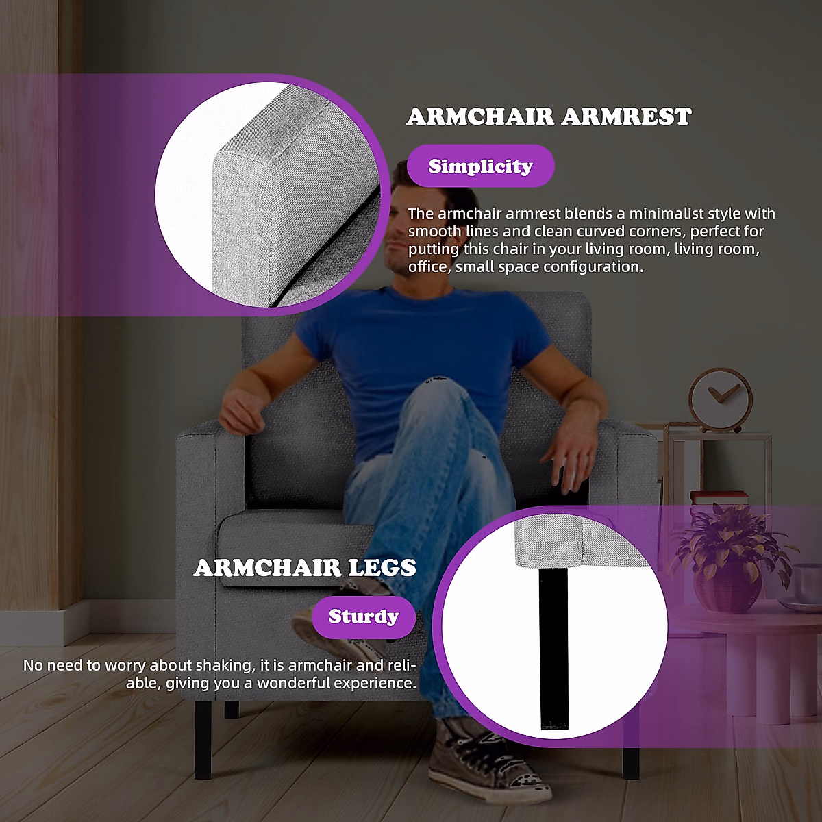 TYBOATLE Modern Upholstered Linen Fabric Accent Arm Chairs, Living Room Single Sofa Chair with Metal Legs, Comfy Reading Lounge Armchair for Small Spaces, Apartment, Bedroom, Office (Light Grey)