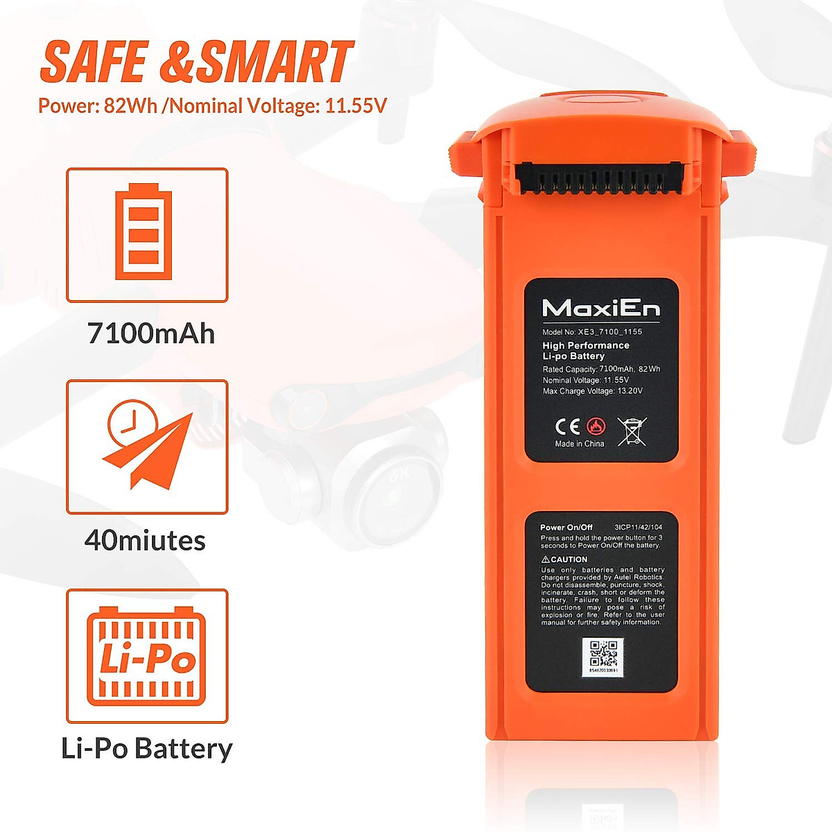 Autel Robotics EVO 2 Battery 7100 mAh 11.55V Smart Battery for EVO II/EVO II Pro/EVO 2 Enterprise/RTK/EVO 2 Dual 640T Drones(V2 & V3), 2025 N-e-w, Orange