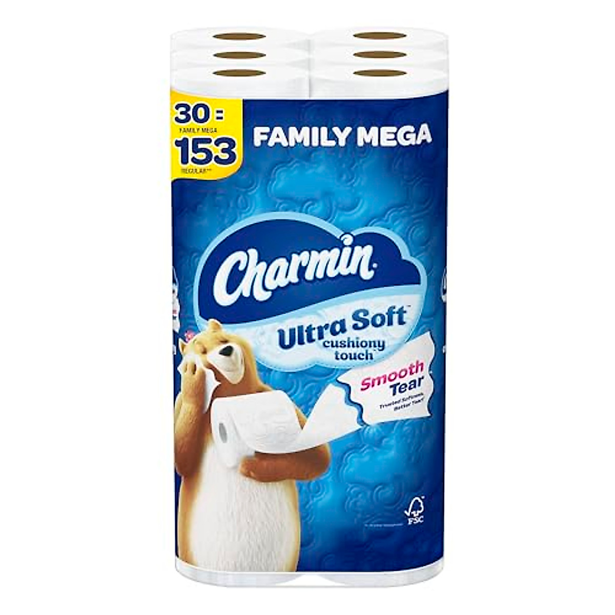 Charmin Ultra Soft Cushiony Touch Toilet Paper, 30 Family Mega Rolls = 153 Regular Rolls