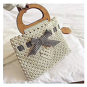 QTKJ Boho Women's Summer Beach Straw Crochet Bag, Hand-Woven Hollow Out Cotton Tote Bag Purse with Bow (White)