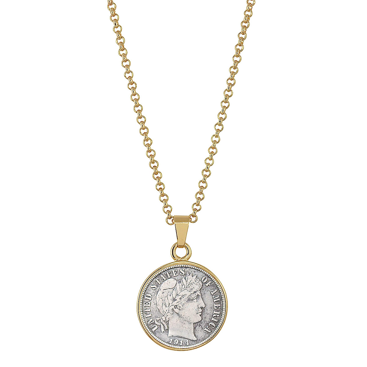 American Coin Treasures Silver Barber Dime Goldtone Coin Pendant with 18" Chain Necklace - Genuine and Elegant Keepsake Jewelry for Women | White Luxury Gift Box Included