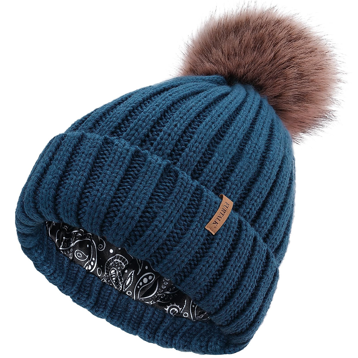 FURTALK Womens Beanie Satin Lined Knitted Beanie with Pom Winter Hats for Women (Blue)