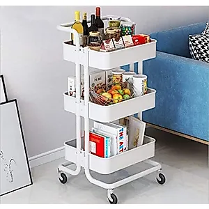 Storage Trolley Cart - 3 Tier Rolling Utility Organizer Rack, Craft Art Cart, Multi-Purpose Organizer Shelf, Tower Rack Serving Trolley for Office Bathroom Kitchen Kids’ Room Laundry Room, White