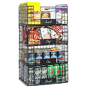 4 Pack XXL Stackable Wire Baskets with Handles for Pantry Storage and Organization,Fruit and Vegetable Basket with Name Plates,Metal Storage Bins for Snack Can Fruit Veggies
