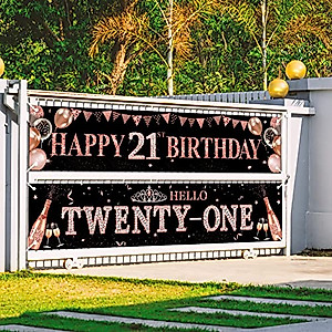 2Pcs 21st Birthday Banner Decorations for Her - Rose Gold Happy 21st Birthday Yard Banner Party Supplies, Hello Twenty-One Bday Sign Decor for Indoor Outdoor