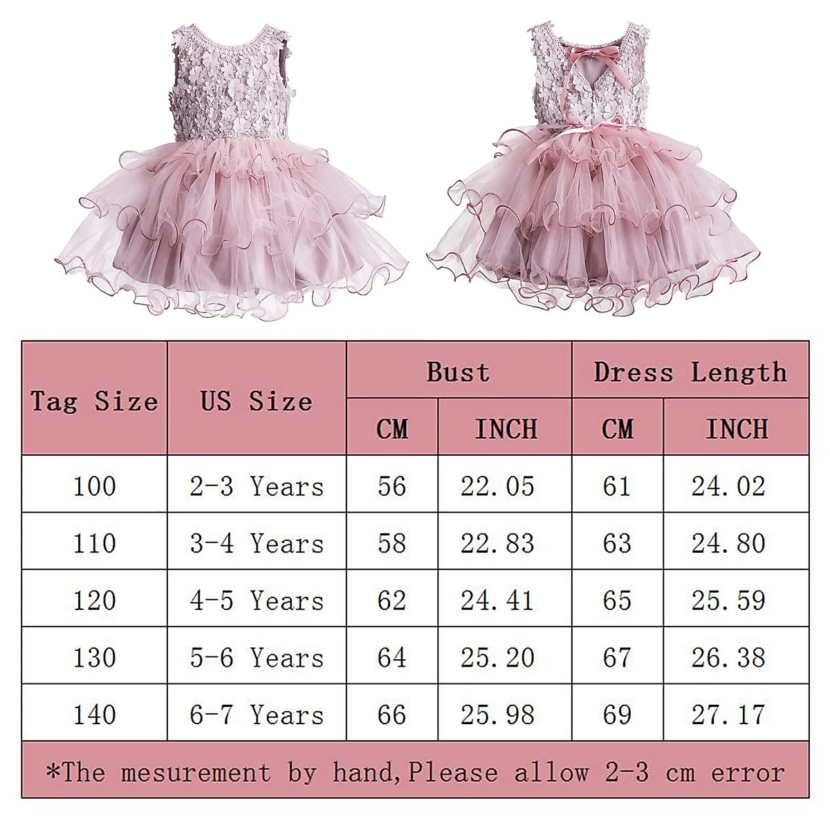 HNXDYY Flower Girl Princess Dress Tutu Sleeveless Birthday Party Summer Baby Clothes 678 Pink 2-3 Years
