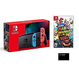 NEW Switch Deluxe Holiday Game Bundle: Nintendo Switch with Neon Blue and Neon Red - 6.2" Touchscreen LCD Display + Super Mario 3D World + Bowser's Fury and T.F. Card