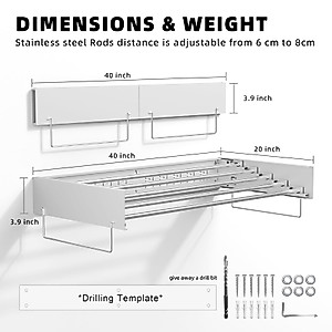 YEPATER Wall Mounted Clothes Drying Rack, Collapsible Drying Racks for Laundry Bathroom, 5 Stainless Steel Rods, 60 lb Capacity, with Wall Template Screwdriver Bit, Drill Bit, White,40 in