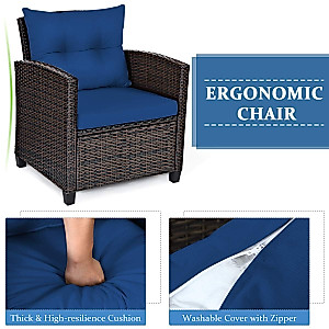 DORTALA 3 Pieces Patio Furniture Set, Outdoor Wicker Rattan Conversation Sofa Set with Cushion, Tempered Glass Top Table for Backyard Porch Garden Poolside Balcony, Navy