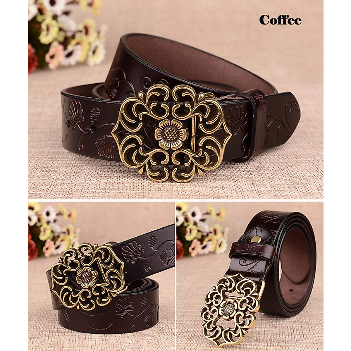 ALAIX Women's Leather Belt for Dress Jeans Belt Vintage Genuine Leather Wide Waist Belts for Women Coffee-M