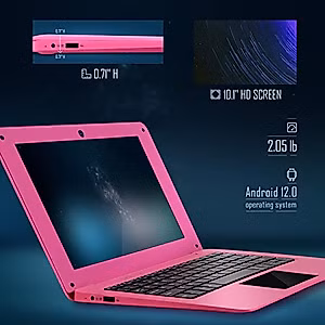 G-Anica Laptop Computer(10.1 inch), Quad Core Powered by Android 12.0, Netbook Computer with WiFi, Webcam and Bluetooth, Mini Laptop with Bag, Mouse, and Mouse Pad for Kids and Adults（Pink）