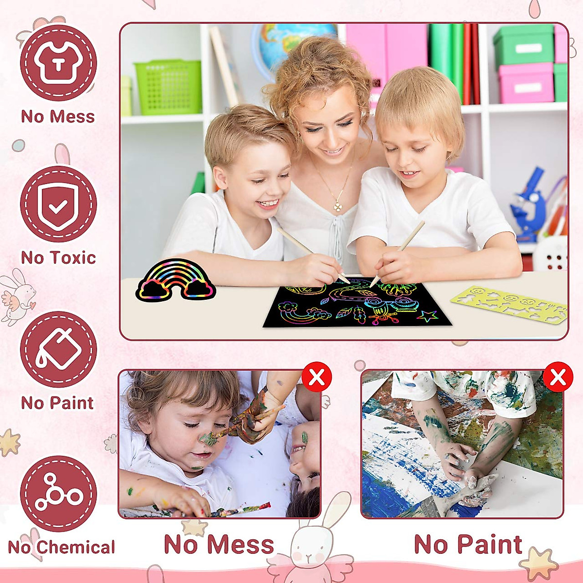 RMJOY Rainbow Scratch Off Paper for Kids: Easter Crafts Gifts for Kids 60pcs Magic Arts Supplies for Age 3-12 Teen Toys Games for Valentines Birthday Christmas Basket Stuffers |Party Favors