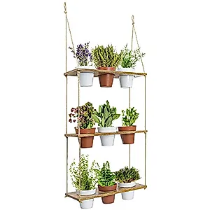 kimisty Wall Hanging Herb Planters, 3 Tiered Vertical Planter Shelf with Metal Pot Set, Indoor Garden, Wood Herb Garden for Kitchen, Vertical Hanging Planters Wall Hanging - Terracotta & White Pots