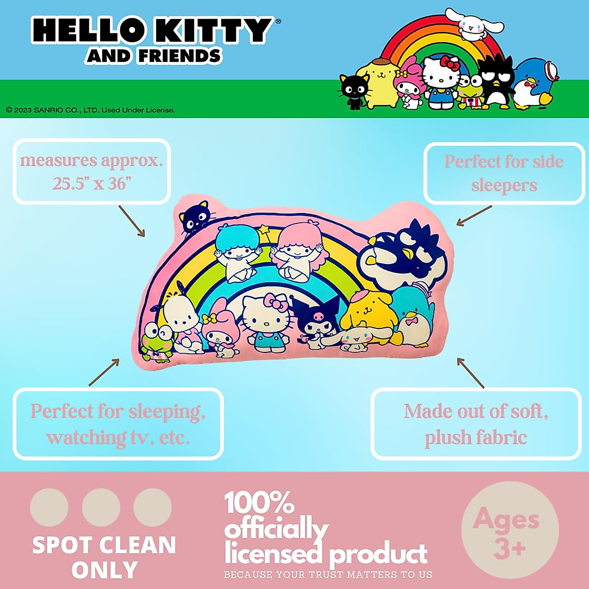 Franco Collectibles Cozy Bedding Super Soft Plush (Officially Licensed Product) Oversized Body Pillow, 25.5 in x 36 in, Hello Kitty & Friends