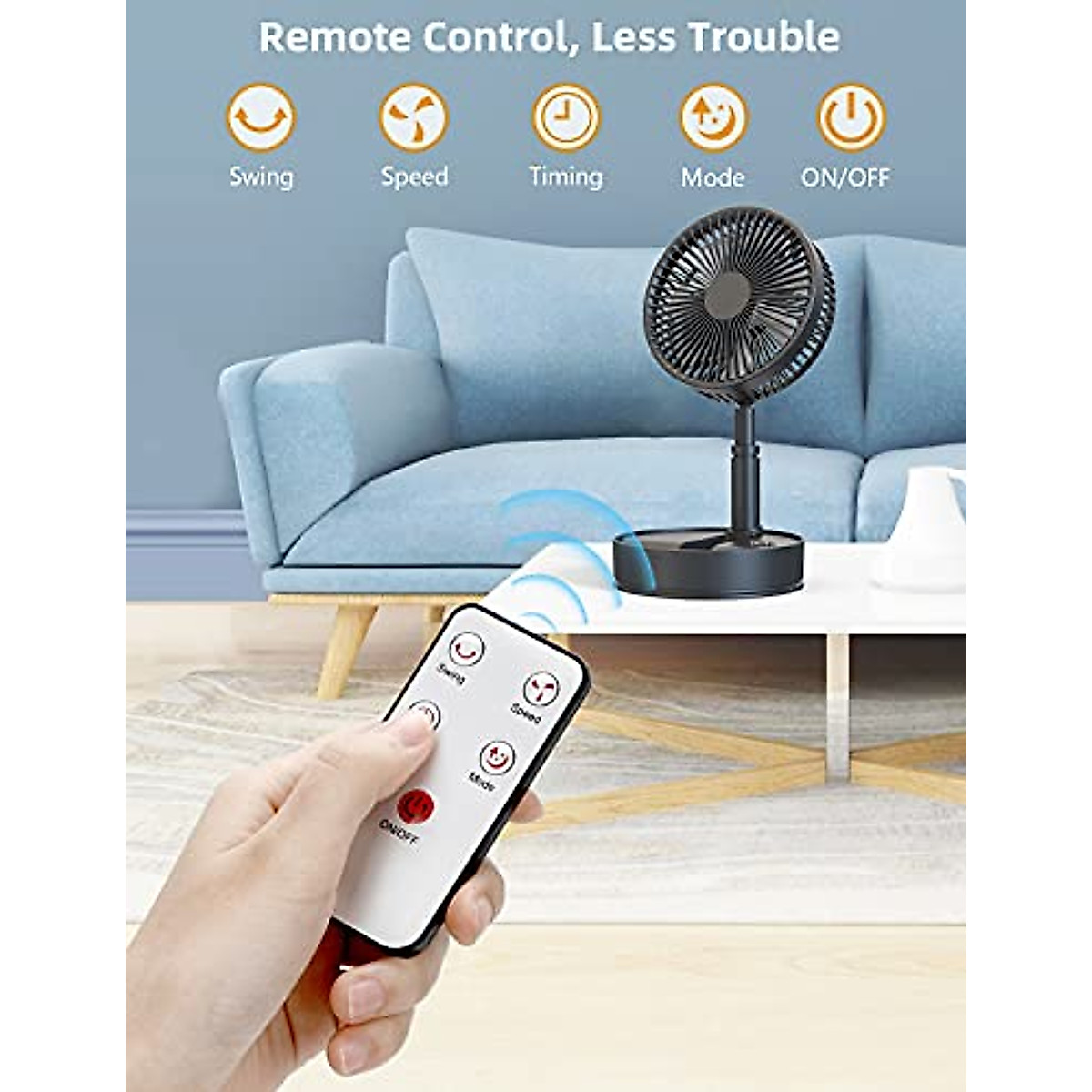 Koonie 8-Inch Foldaway Oscillating Fan with Remote Control, 7200mAh Rechargeable Battery Operated Pedestal Fan for Bedroom, Timer, 4 Speed, Fast Charging Portable Table Fan for Camping, Outdoor, Room