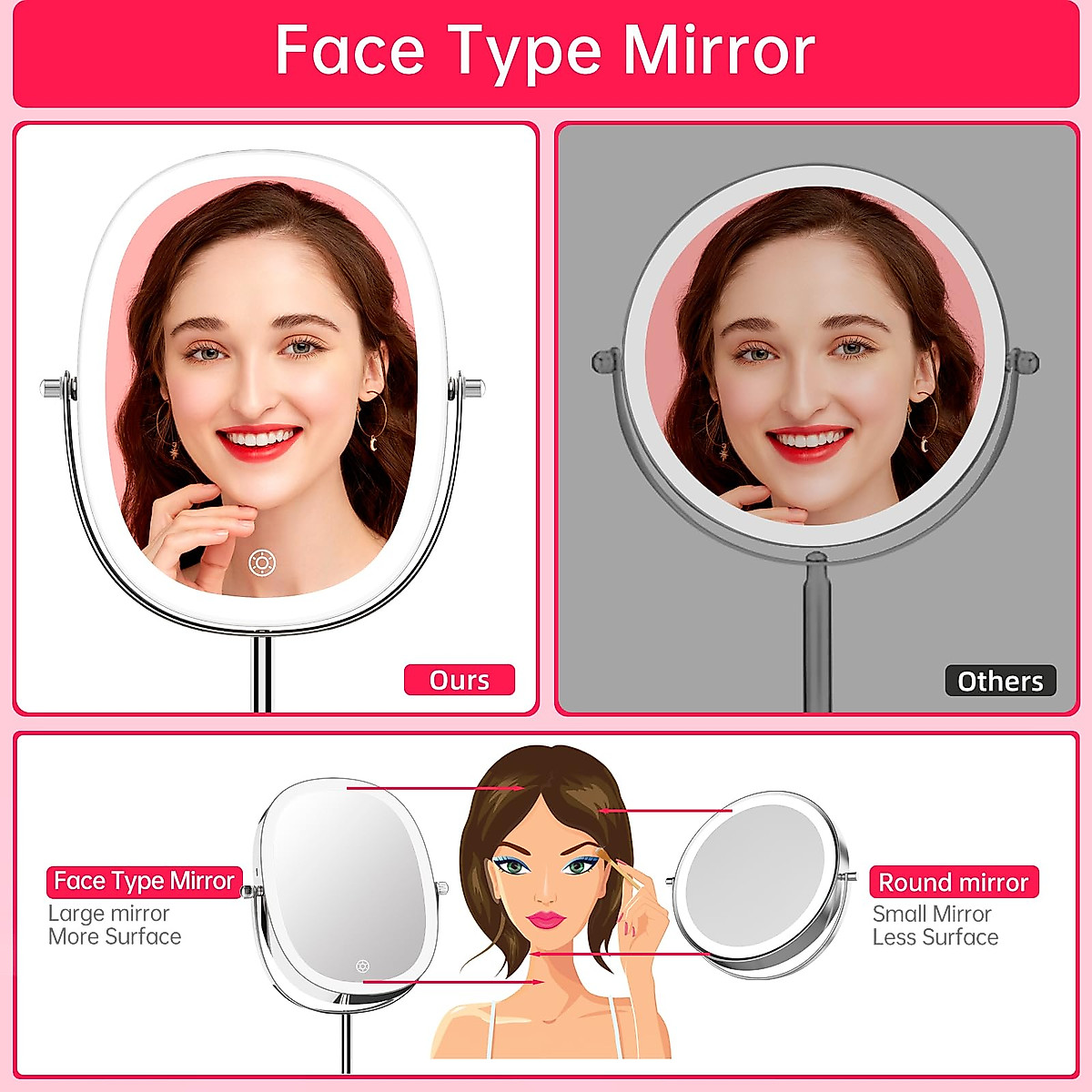 LOVESPEJO 9''Lighted Makeup Mirror with Magnification, 1X/7X Magnifying Mirror, Rechargeable Double Sided Oval LED Makeup Mirror, 3 Colors Dimmable Lighted Makeup Mirror，360° Rotation Cosmetic Mirror