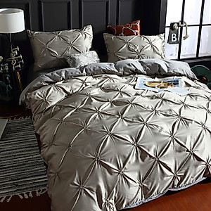 SMNJF 3 Piece Pinch Pleated Duvet Cover with Zipper Closure, Grey Pintuck Pinch Pleat Pattern Bedding Comforter Cover Set (Grey/Gray, Full/Queen, 90"x90")