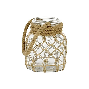 The Novogratz Glass Decorative Candle Lantern with Rope Handle, 7" x 8" x 9", Clear