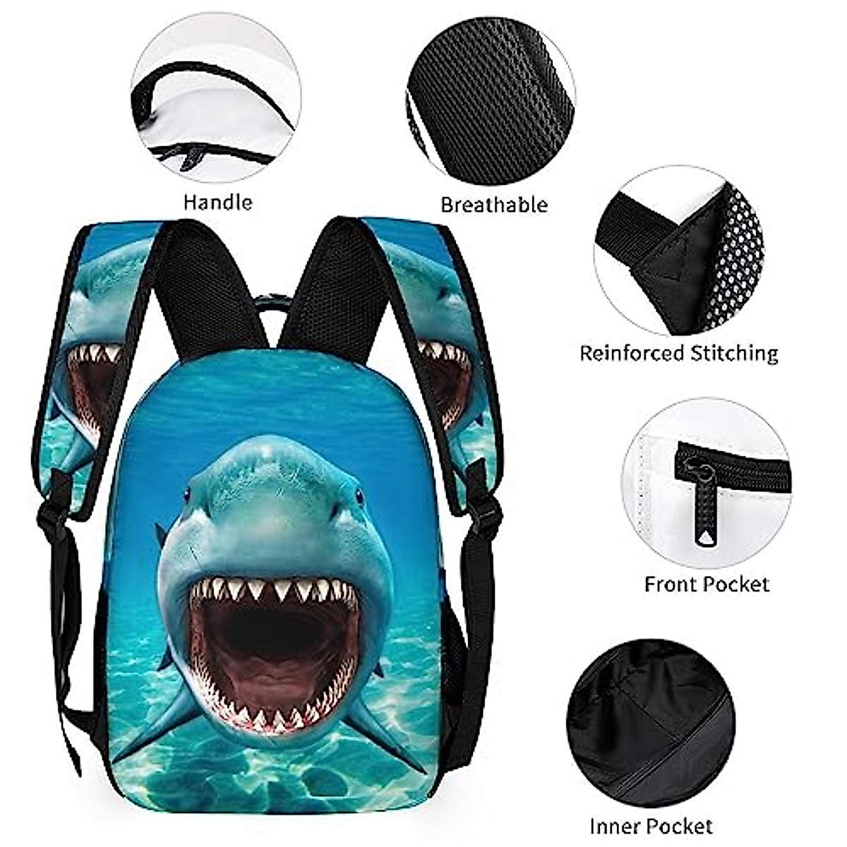 oallpu 3D Shark Backpack, Stylish Laptop Bag Cool Daypack with Adjustable Shoulder Strap, Lightweight Durable Shark Shoulders Backpack (3D Shark)