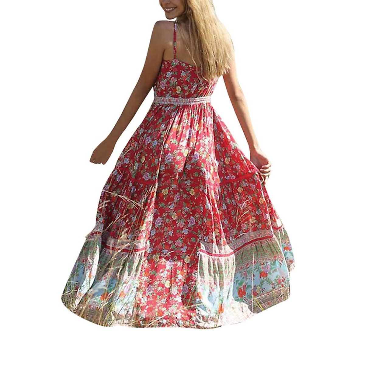 F_Gotal Womens V Collar Chiffon Long Sleeve Floral Print Strap Long Maxi Dress Fashion Beach Sundress Party Cocktail