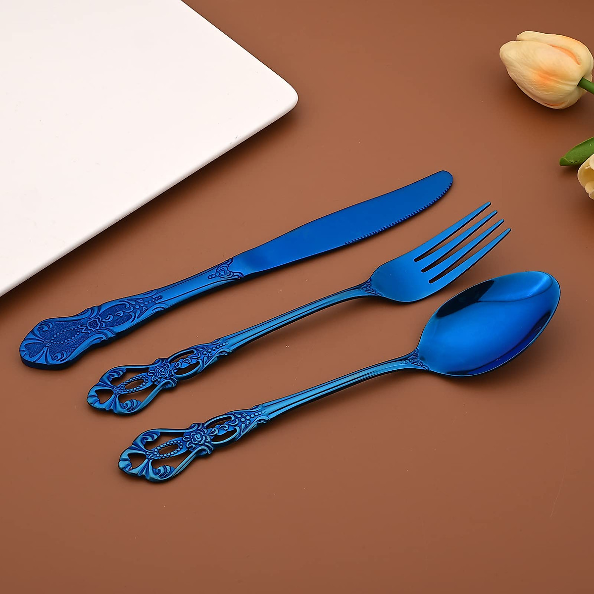 Snplowum Royal 24-piece Blue Mirror Silverware Dinnerware, 18/10 Stainless Steel Luxury Flatware Service For 6 Include Knives/Forks/Spoons/Teaspoons, Dishwasher Safe