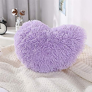 MOOWOO Purple Fluffy Heart Pillow with Pillow Cover and Insert, Faux Fur Throw Pillow,Sherpa Plush Shaggy, Solid Color, Heart Shape for Valentines Day Decor,Mothers Day,Christmas Decorations (Purple)
