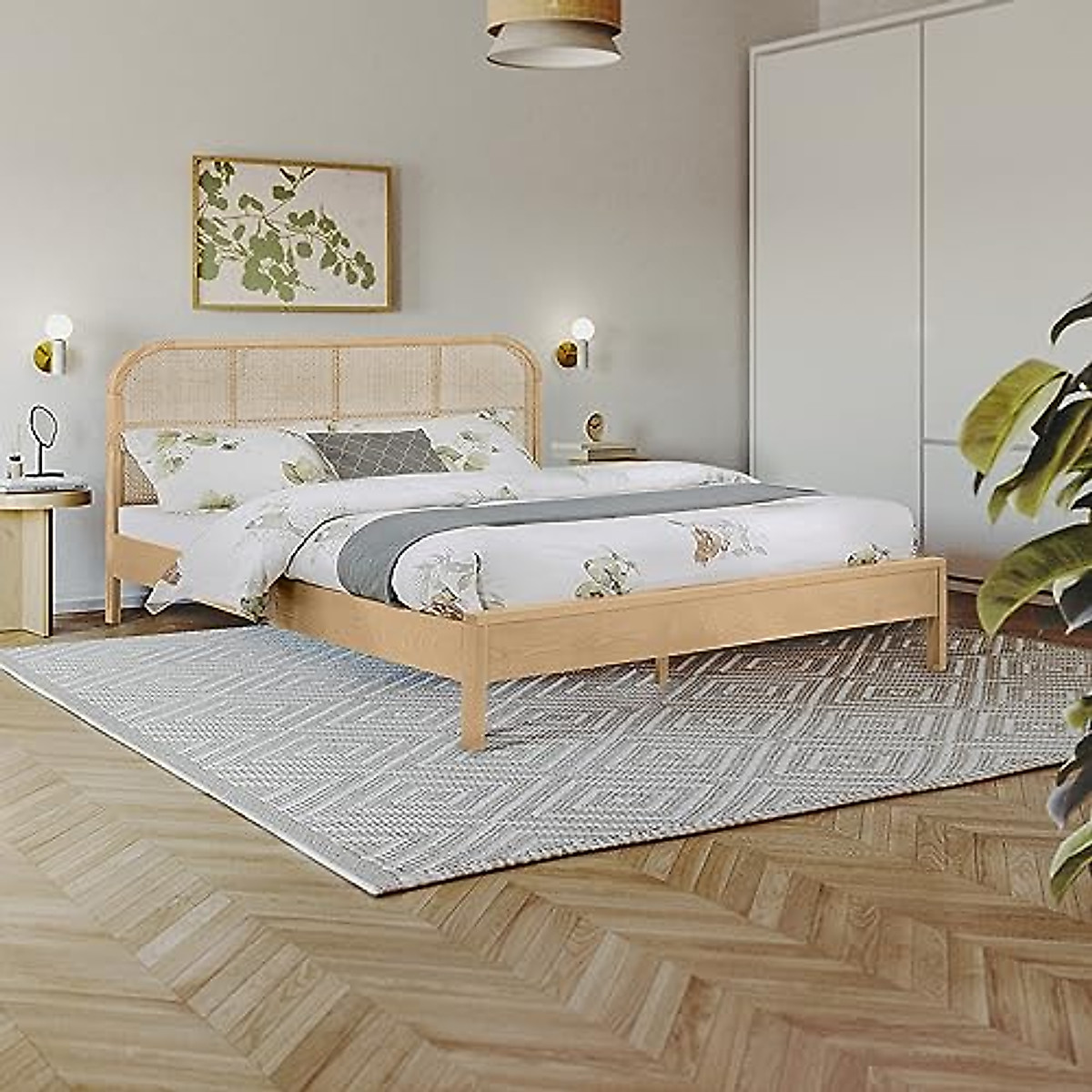 Meridian Furniture SienaNatural-Q Siena Collection Mid-Century Modern Queen Bed with Solid Ash Wood, Rich Natural Finish on Ash Veneer, Natural Cane, 63" W x 85.5" D x 43" H, Natural, Queen
