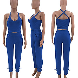 Doweha Two Piece Outfits for Women Sexy Summer Joggers Crop Tank top Sweatsuits Biker Short Set Matching Sets Tracksuit Jumpsuit Blue XL
