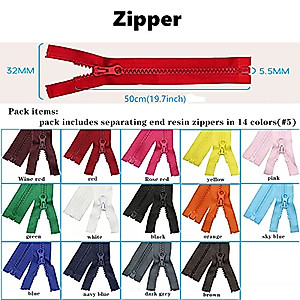 Zippers Colorful Resin Zippers #5 Plastic Zippers with Lifting Ring Pull Separating Zippers for Clothes DIY Handbags Sewing Craft Bags Mixed 14 Colors Resin Zippers (50cm/20inch)