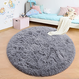 junovo Round Rug 4x4 Feet Fluffy Soft Area Rugs for Kids Girls Room Princess Castle Plush Shaggy Carpet Cute Circle Nursery Rug for Kids Girls Bedroom Baby Room Home Decor Circular Carpet, Grey