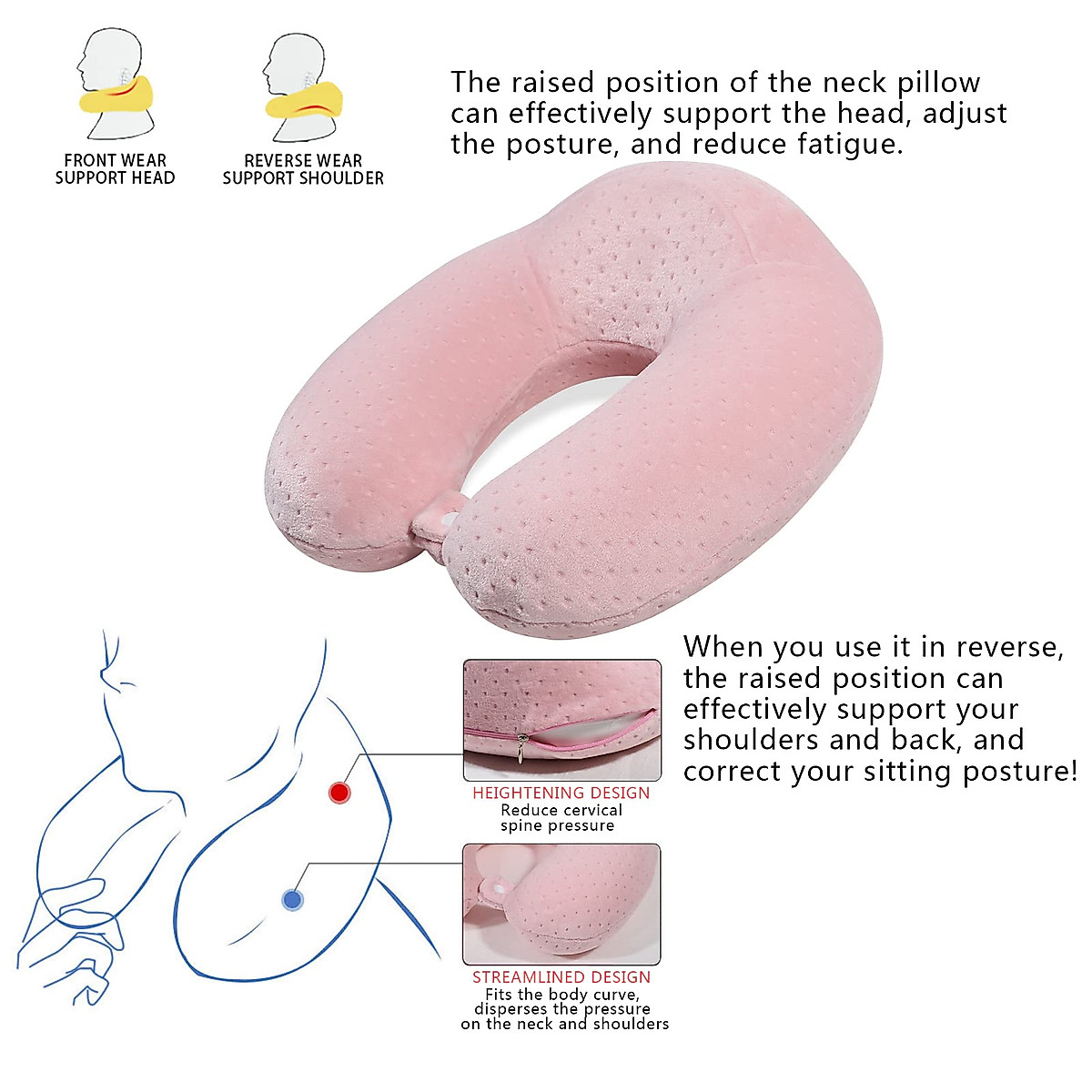 Gosider Neck Pillow Memory Foam Comfortable Travel Neck Pillow, Pink Airplane Pillow U Shape for Head and Neck Support, Portable Neck Pillows for Sleeping Travel Machine Washable