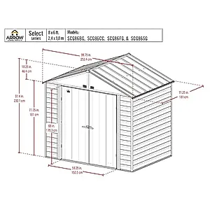 Arrow Select 8' x 6' Outdoor Lockable Steel Storage Shed Building, Flute Grey